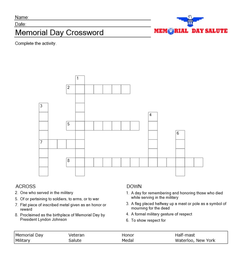 Memorial Day Crossword Puzzle – TUTORING YOU